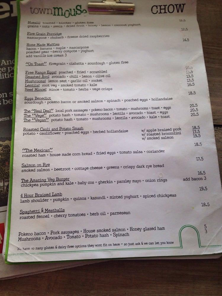 Menu at Town Mouse cafe, Pukekohe, 191 King St