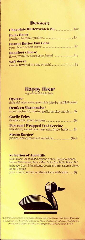 Menu at Canard pub & bar, Portland
