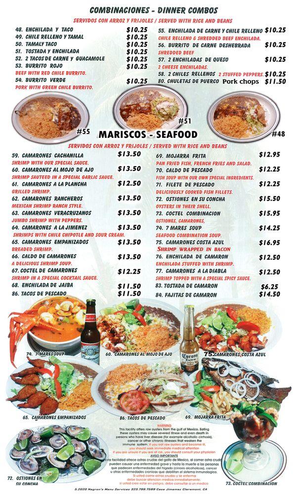 Menu at Casa Jimenez restaurant, Claremont