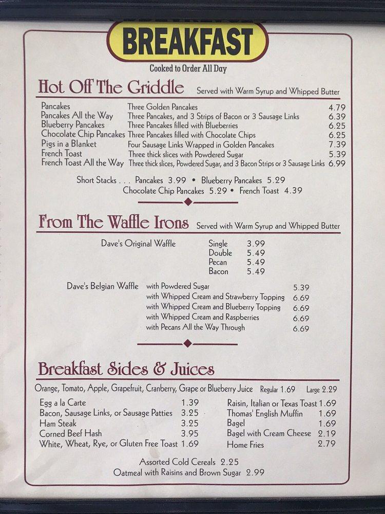 Menu at Dave's Diner restaurant, Manlius