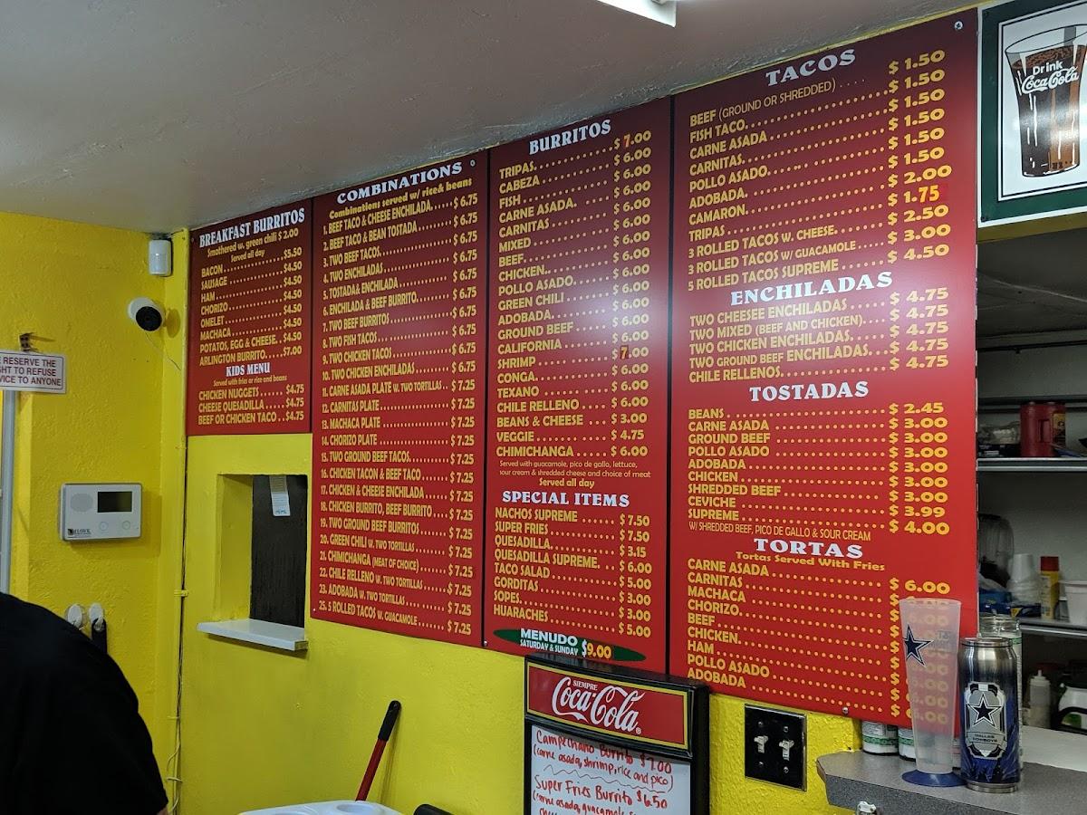 Menu at Gilberto's Taco Shop restaurant, Arlington