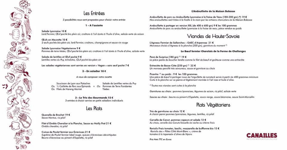 Menu at Les Canailles Chamonix restaurant, Chamonix