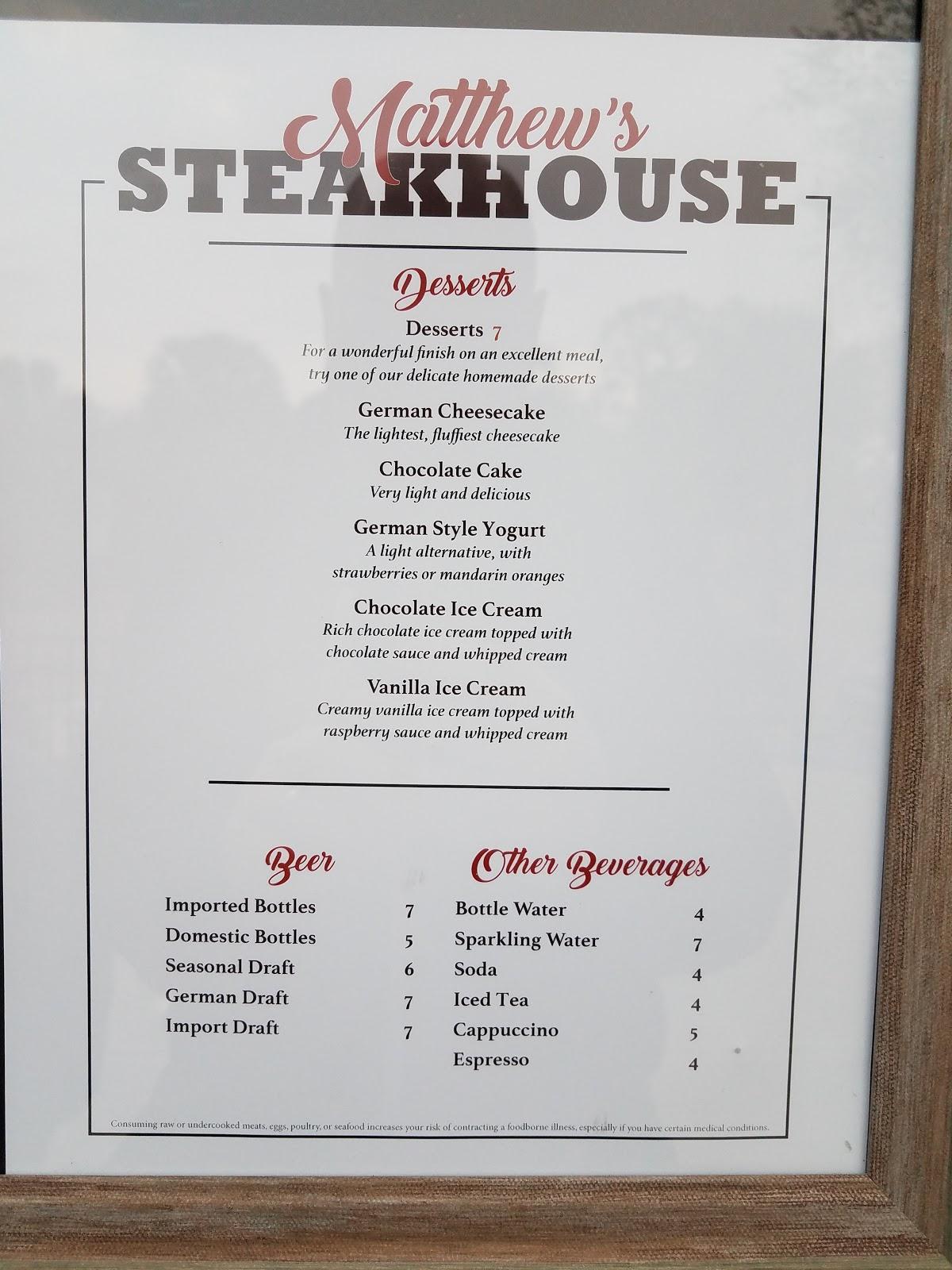 Menu at Matthew's Steakhouse, Winter Garden