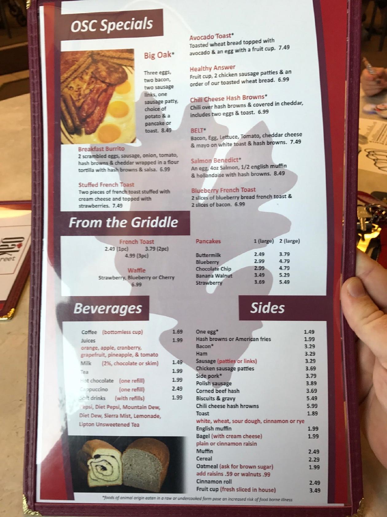 Menu at Oak Street Cafe, De Pere