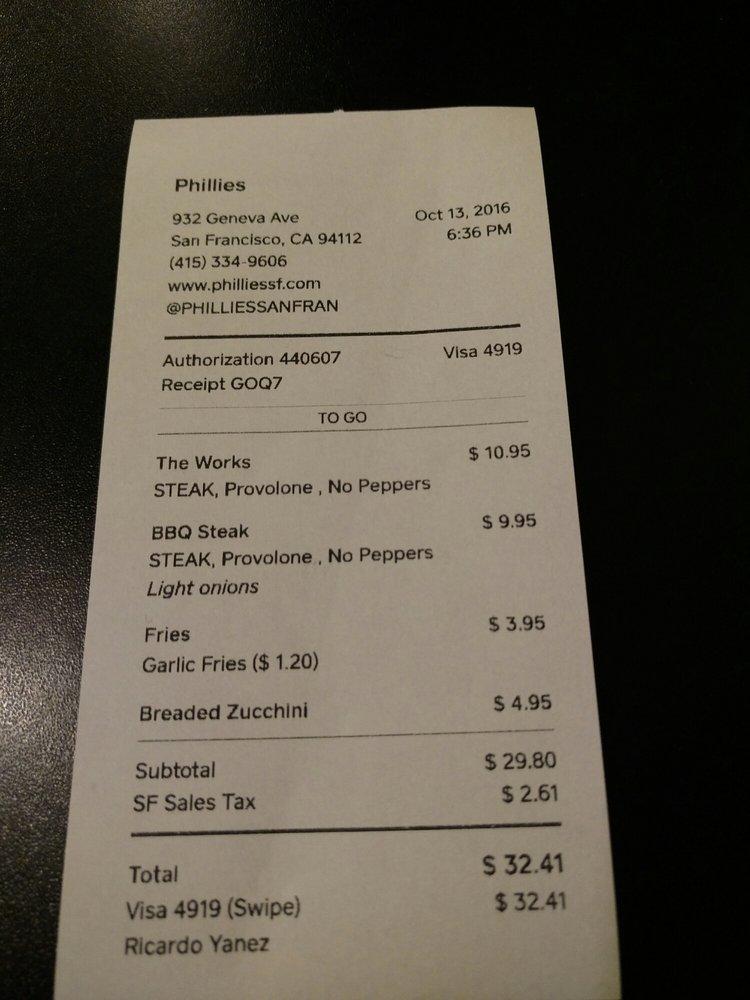 Menu at PHILLIES restaurant, San Francisco