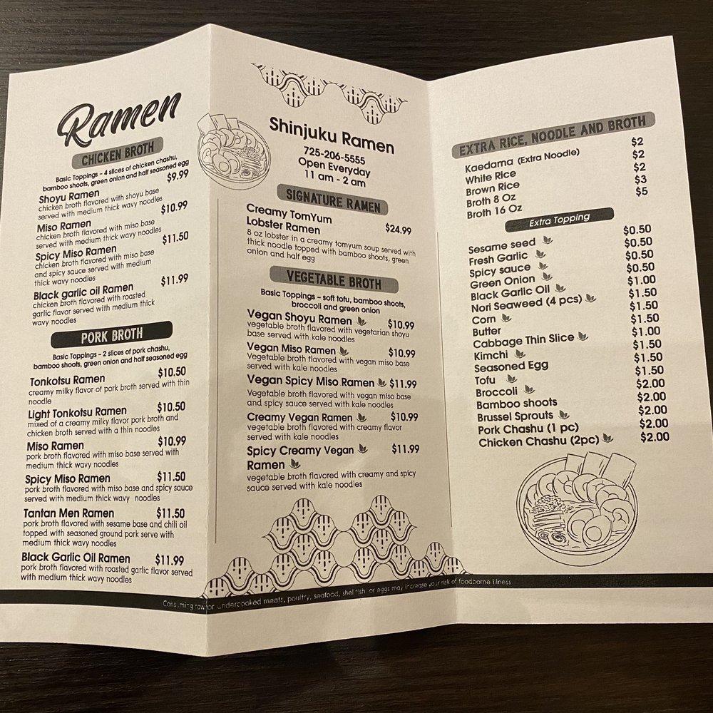 Menu at Shinjuku Ramen restaurant, Las Vegas