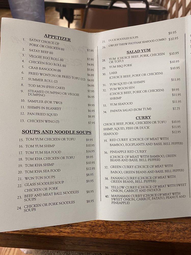 Menu at Tham Rab Thai Restaurant, Killeen