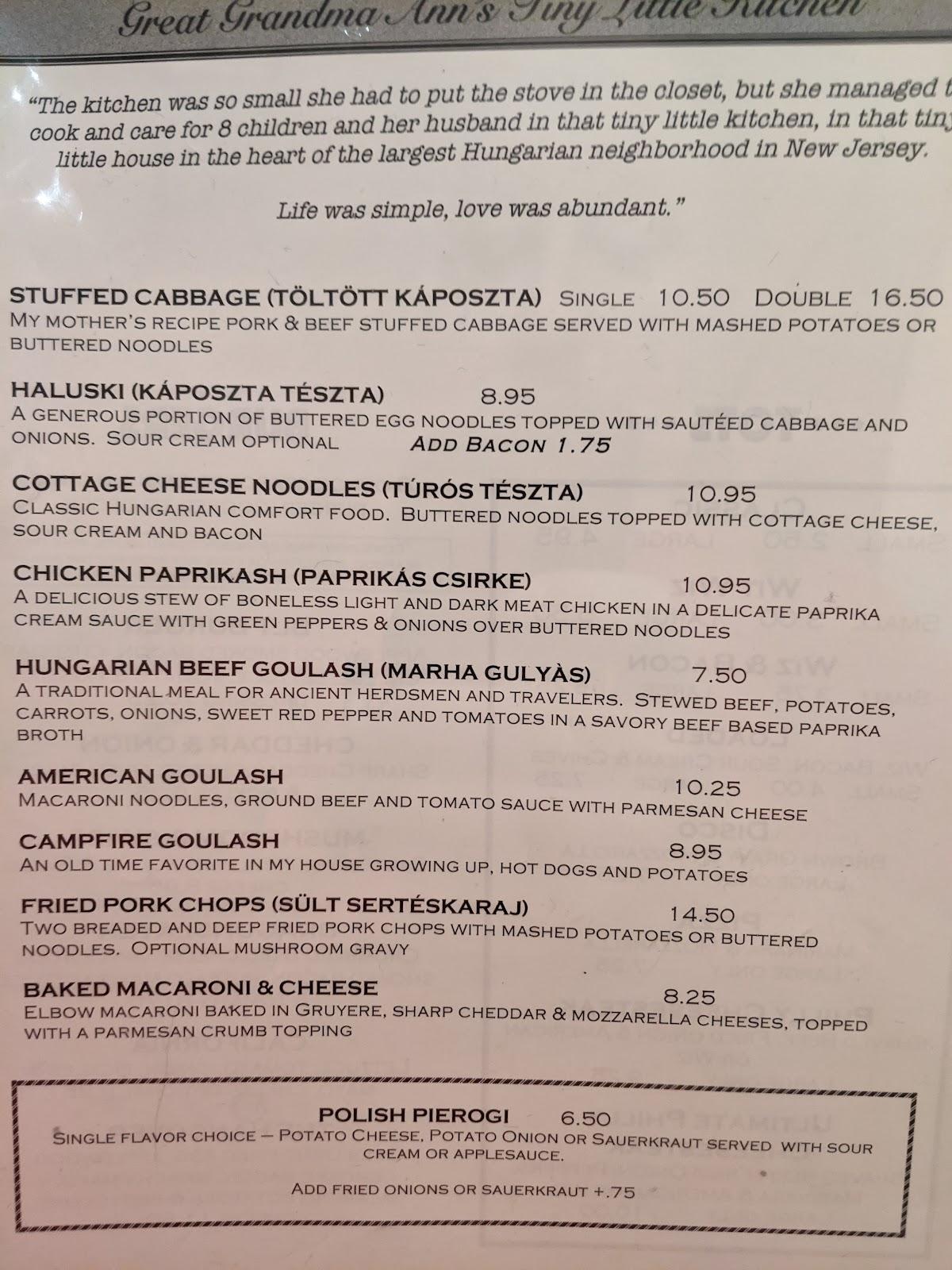 Menu at Babushkas restaurant, Quakertown
