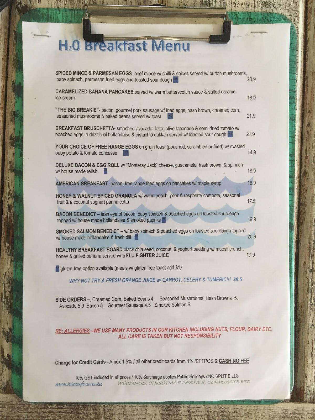 Menu at H2O Cafe Restaurant, Narrabeen