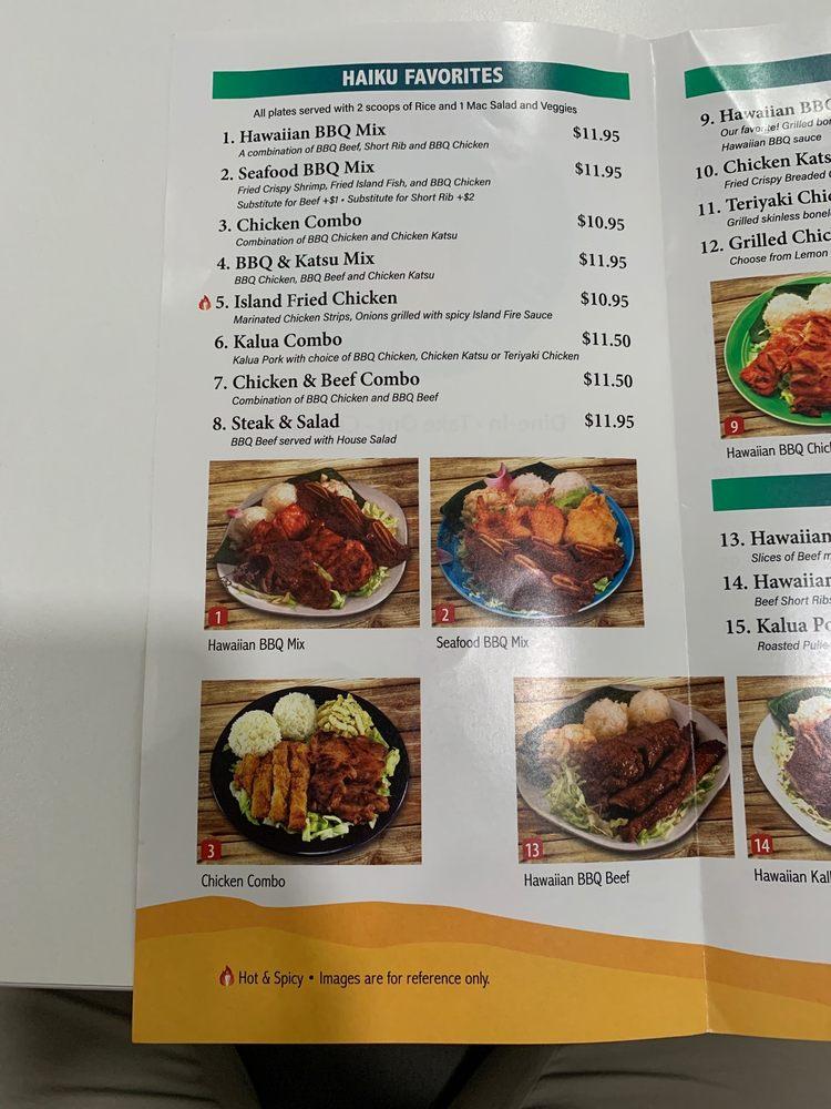 Menu at Haiku Hawaiian BBQ, Salinas