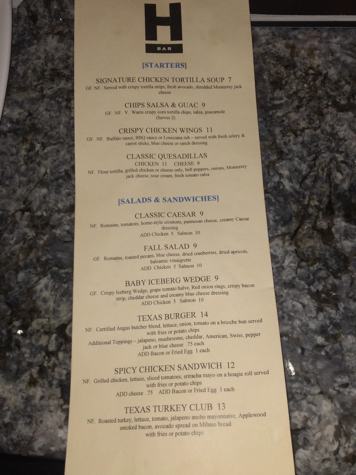 Menu at Hilton H Bar, Dallas