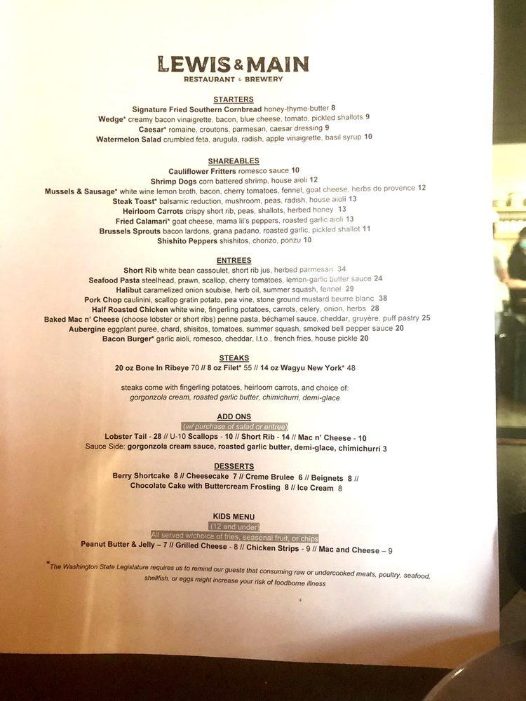 Menu at Lewis and Main Restaurant and Brewery, Monroe