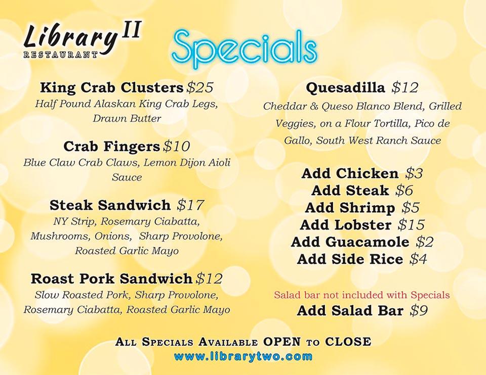 Menu at Library II steakhouse, Voorhees Township, 306 NJ-73