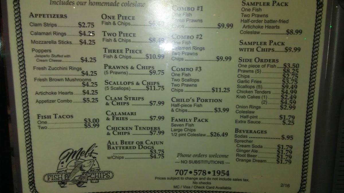 Menu at Mel's Fish & Chips restaurant, Santa Rosa