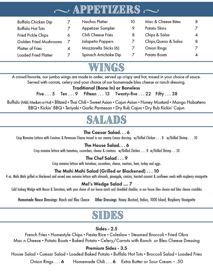 Menu at Mel's Riverside Bar & Grill, Rogersville, TN-66