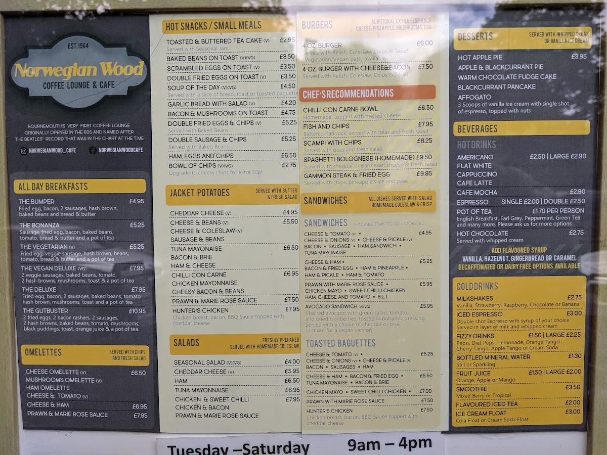 Menu at Norwegian Wood Cafe, Bournemouth