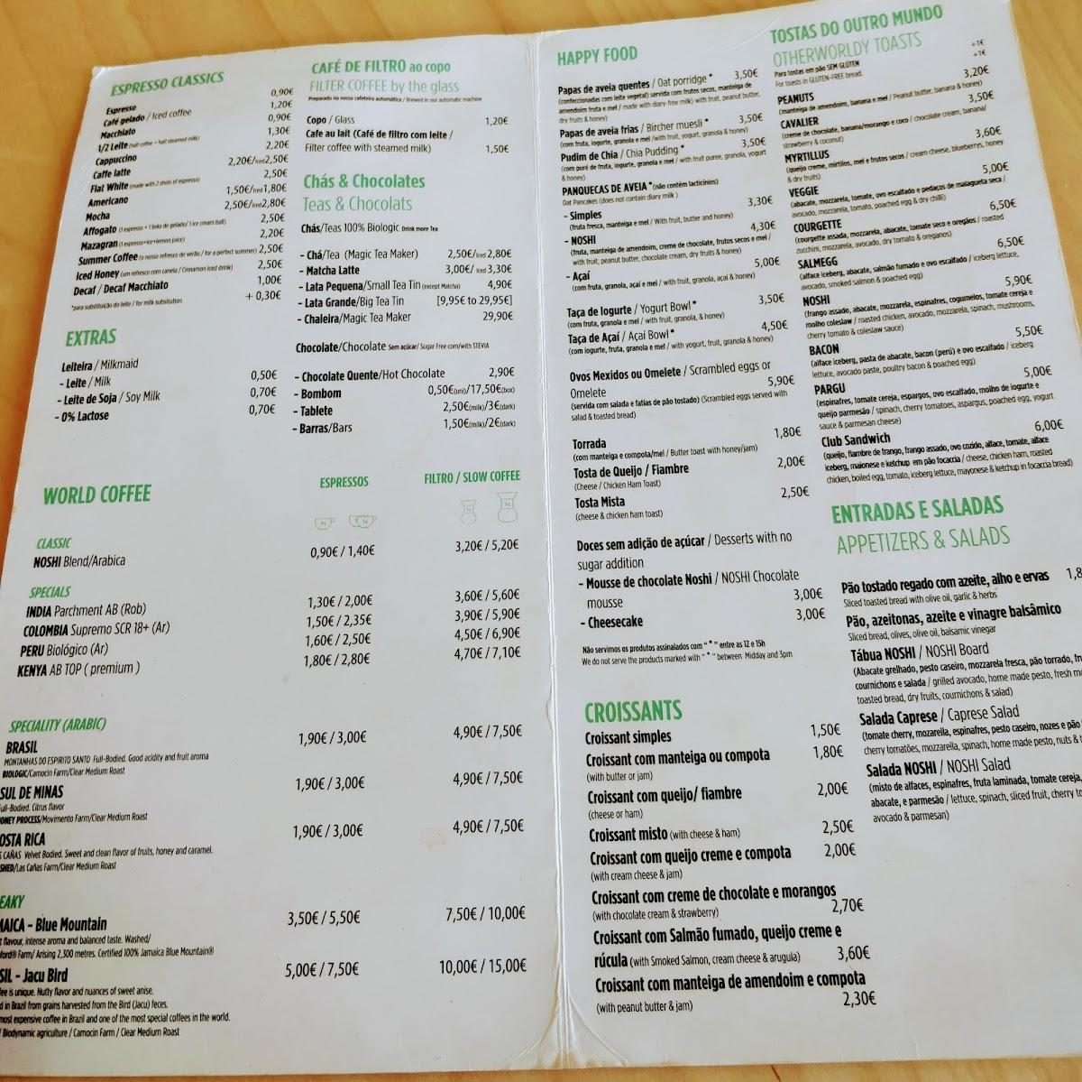Menu at Noshi Coffee restaurant, Porto