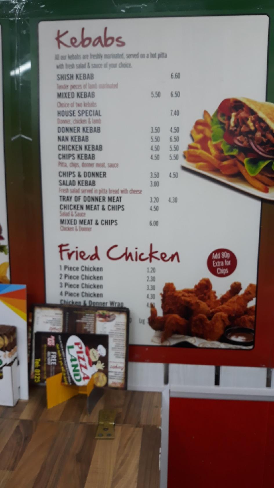Menu at Pizza Land restaurant, Blackpool