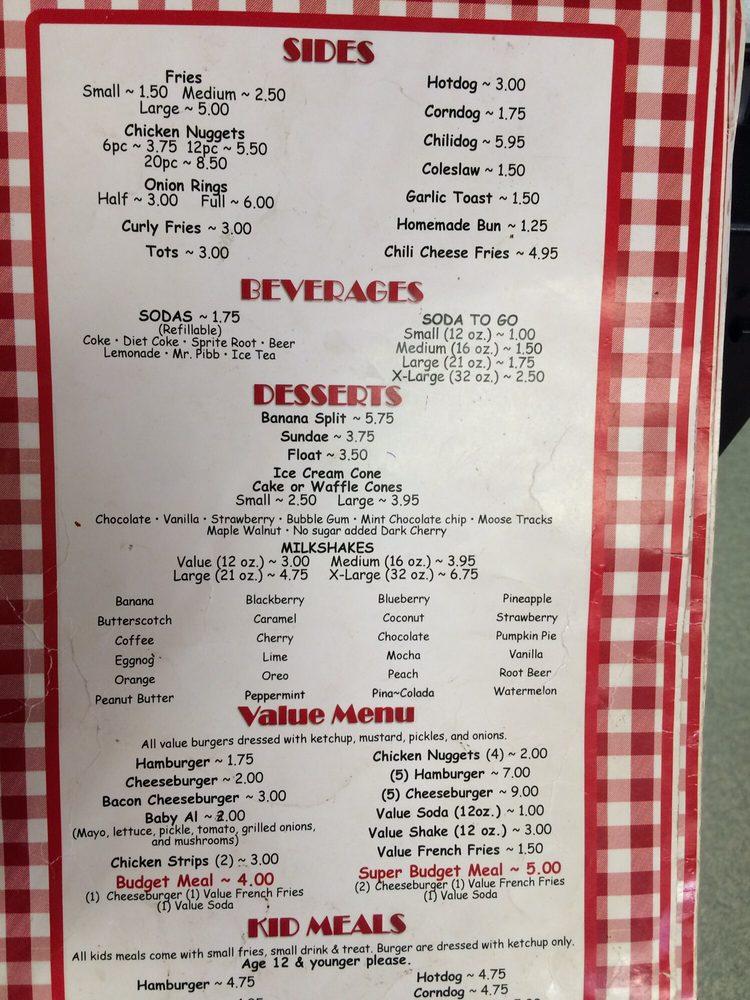 Menu at Poppa Al's Famous Hamburgers restaurant, Mill City