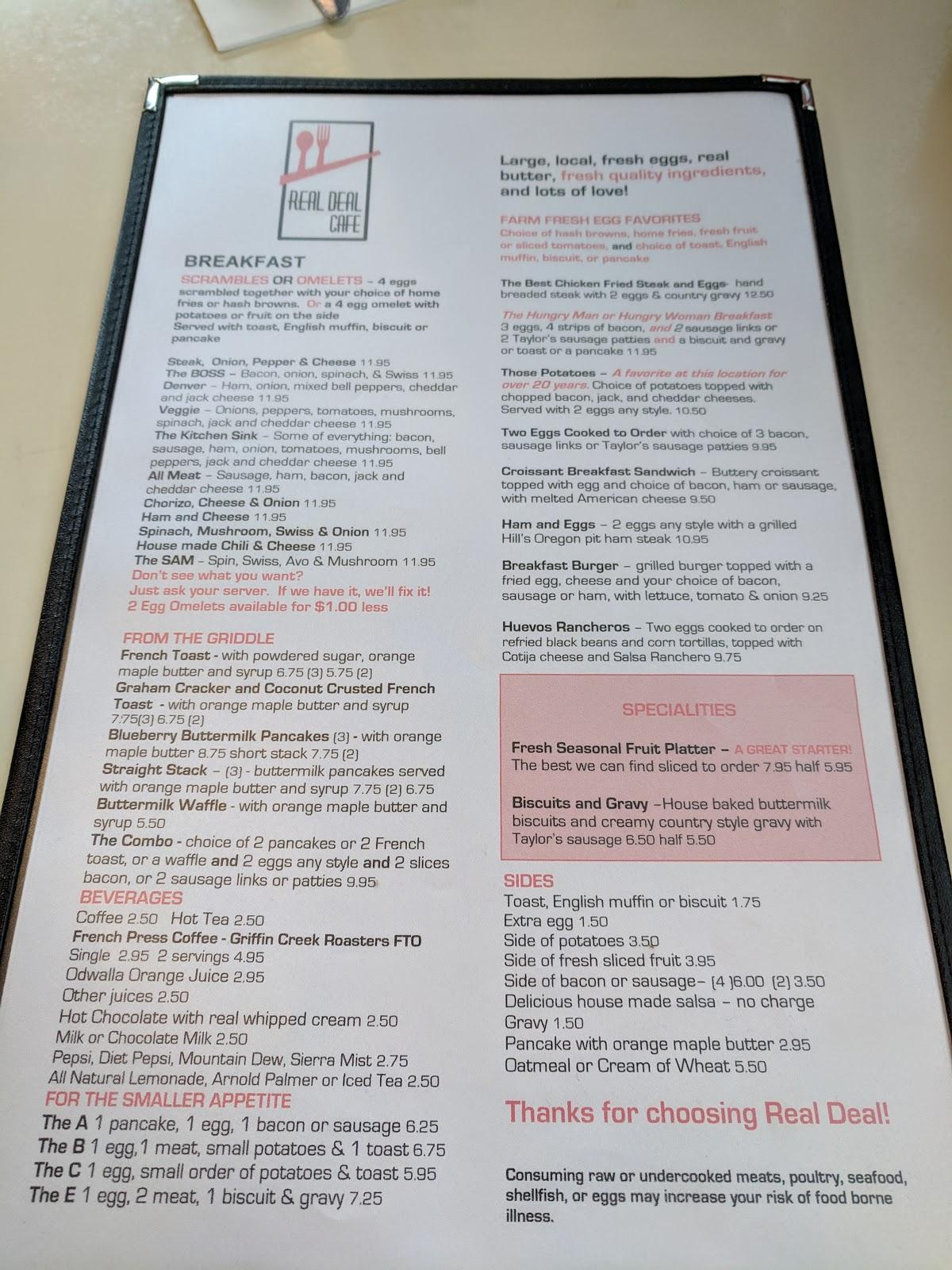Menu at Real Deal Cafe, Medford