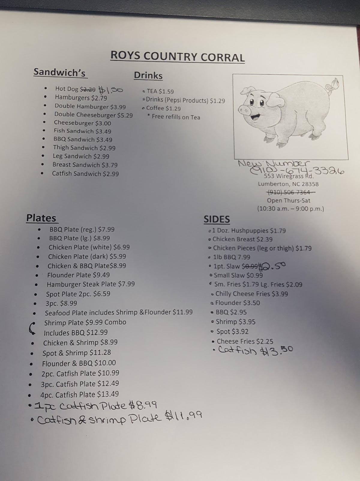 Menu at Roy's Country Corral BBQ, Lumberton