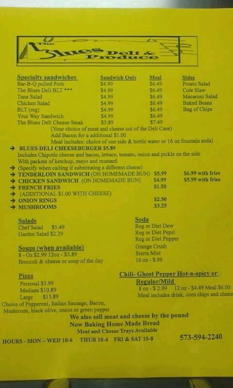 Menu at The Blue's Deli, Vandalia