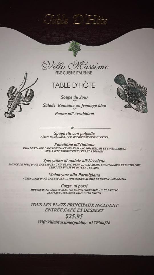 Menu at Villa Massimo Restaurant, La Prairie, 120 Taschereau Blvd