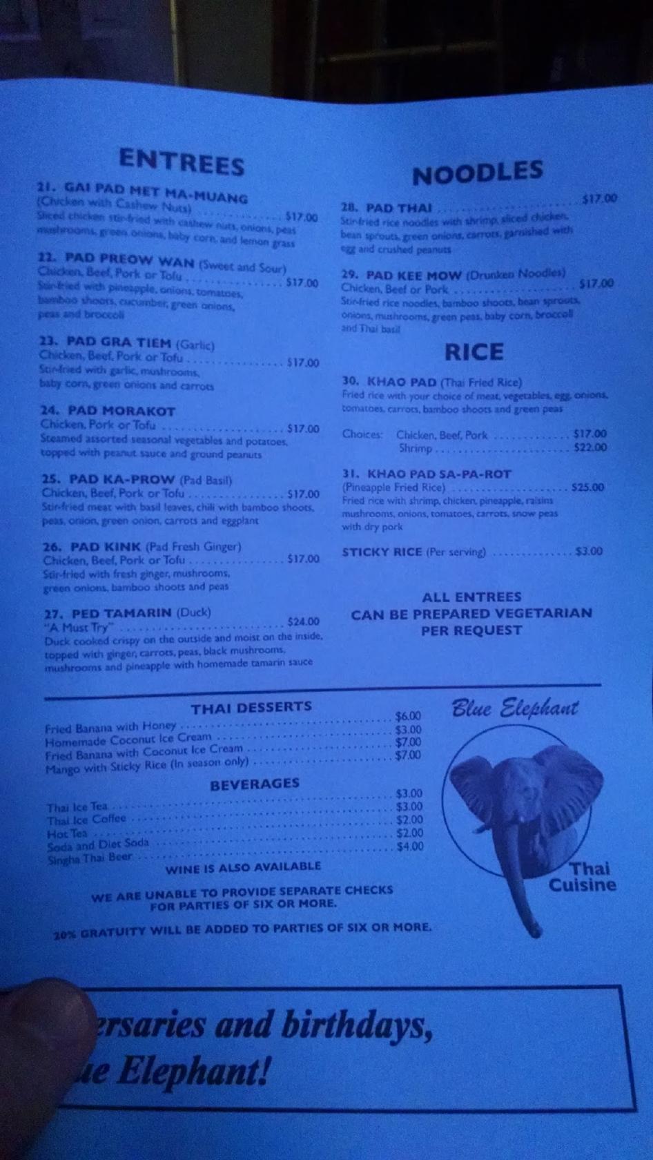 Menu at Blue Elephant Thai Cuisine restaurant, Murrells Inlet
