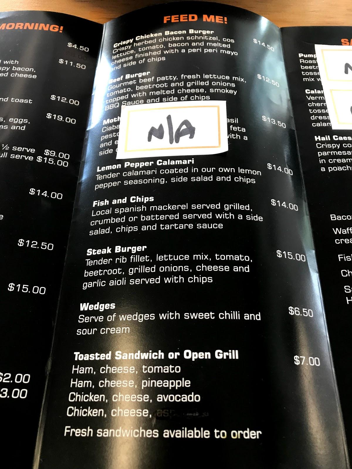 Menu at Caffin8 Cafe, Gordonvale