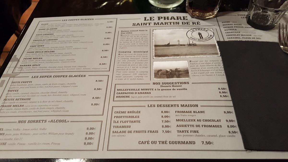 Menu at Le Phare restaurant, Saint-Martin-de-Ré