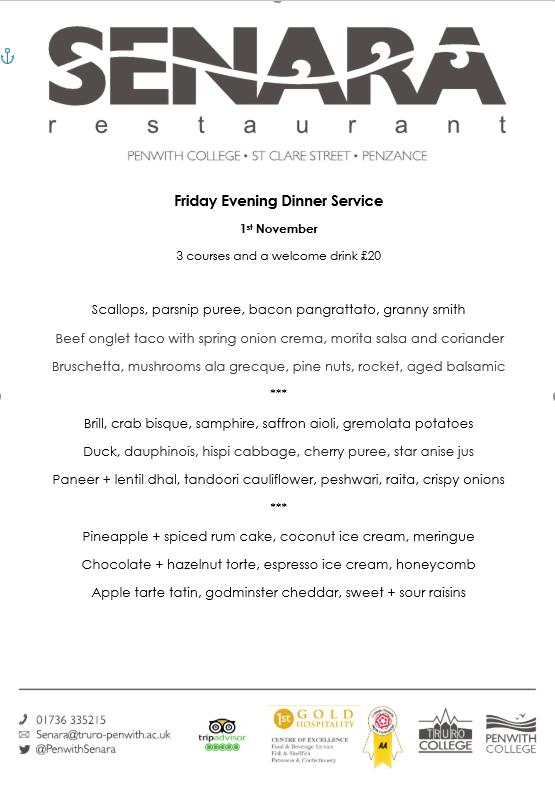 Menu at Senara restaurant, Penzance