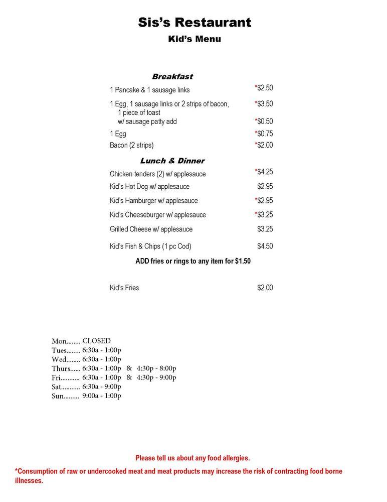 Menu at Sis's Restaurant, Catawba