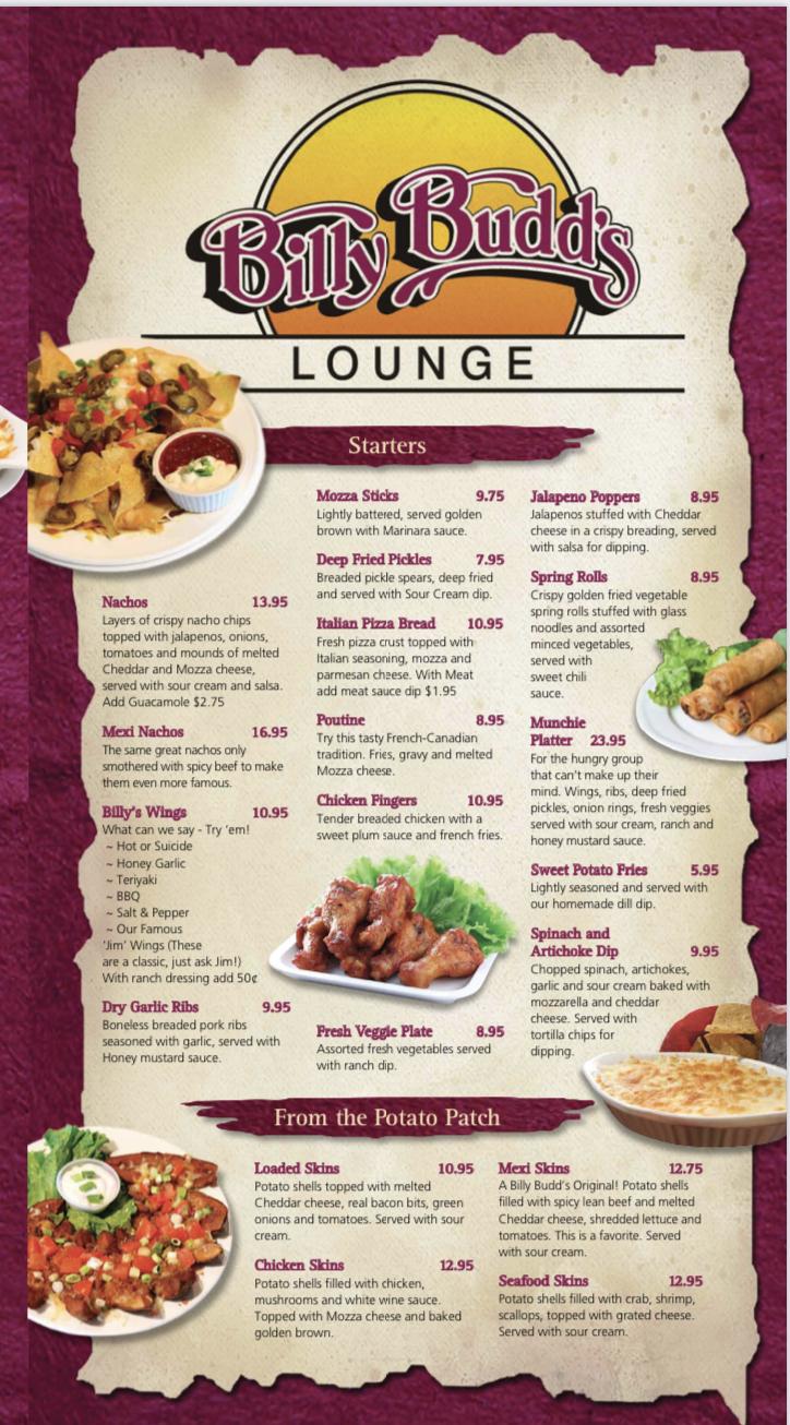 Menu at Billy Budd's Lounge pub & bar, Edmonton