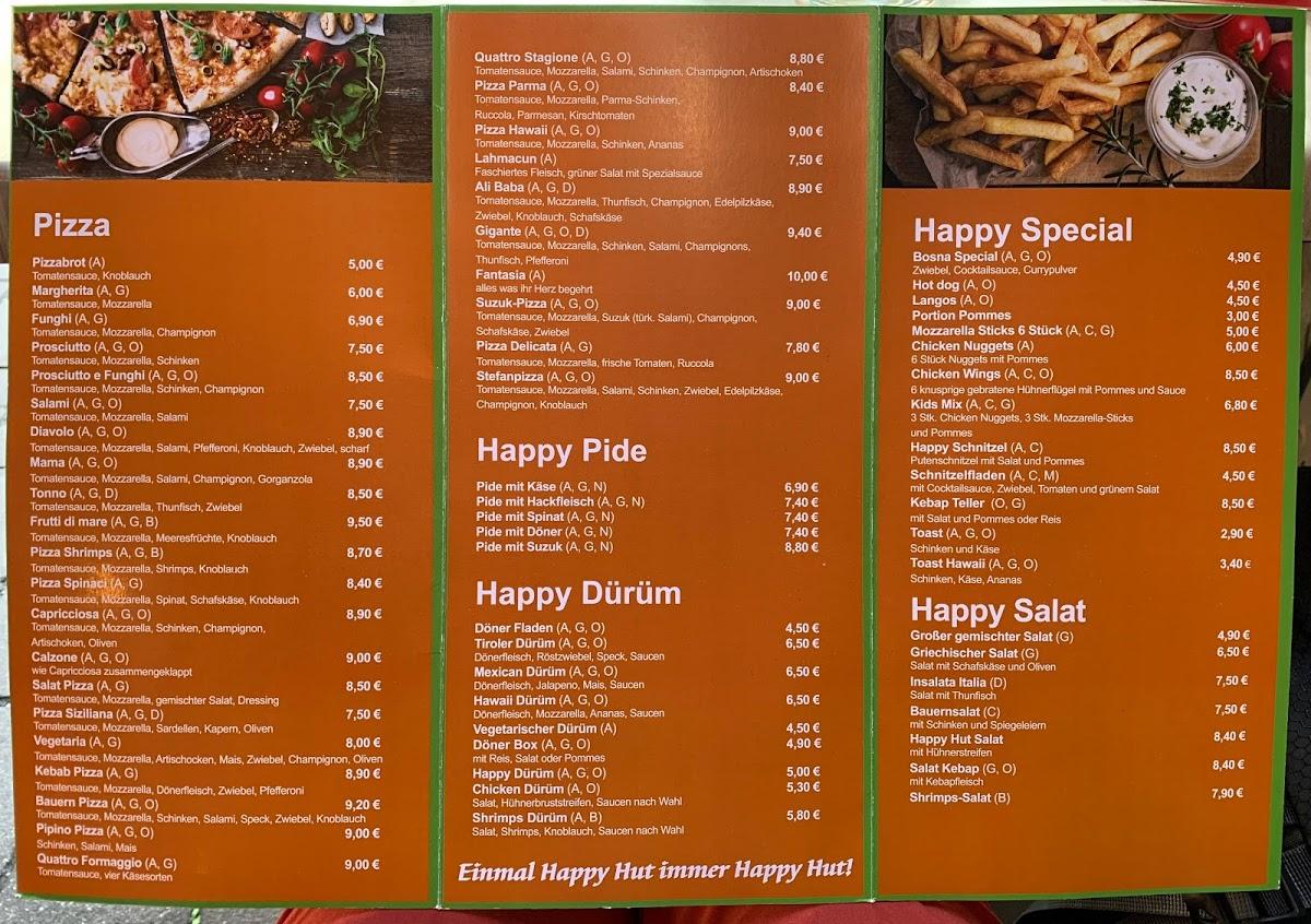 Menu at Happy Hut pizzeria, Wörgl