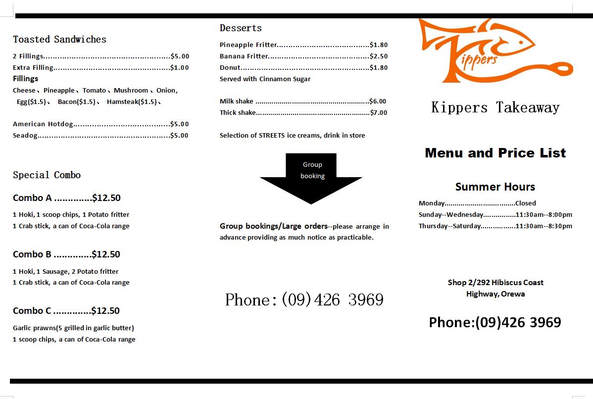 Menu at Kippers Takeaways fast food, Orewa