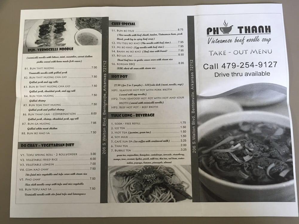 Menu at Pho Thanh restaurant, Bentonville, S Walton Blvd