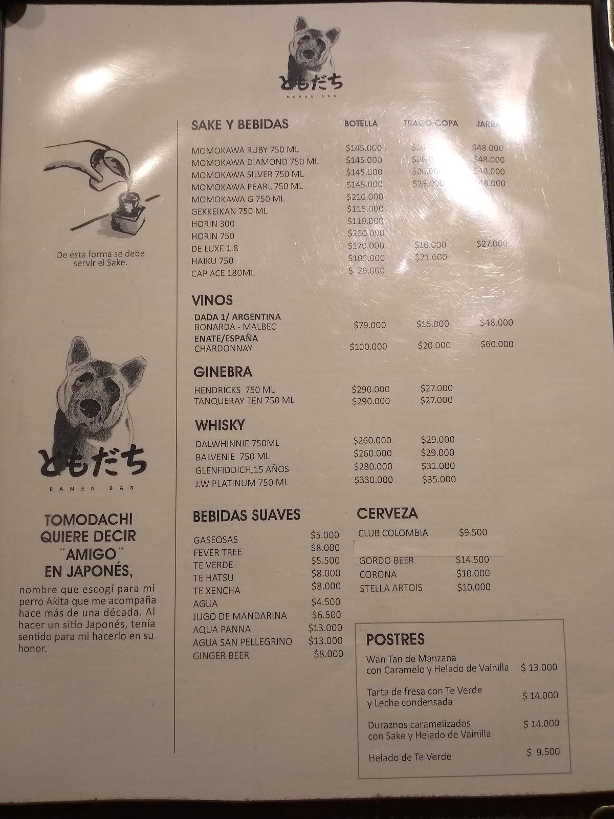 Carta de Ramen Bar Tomodachi, Bogotá
