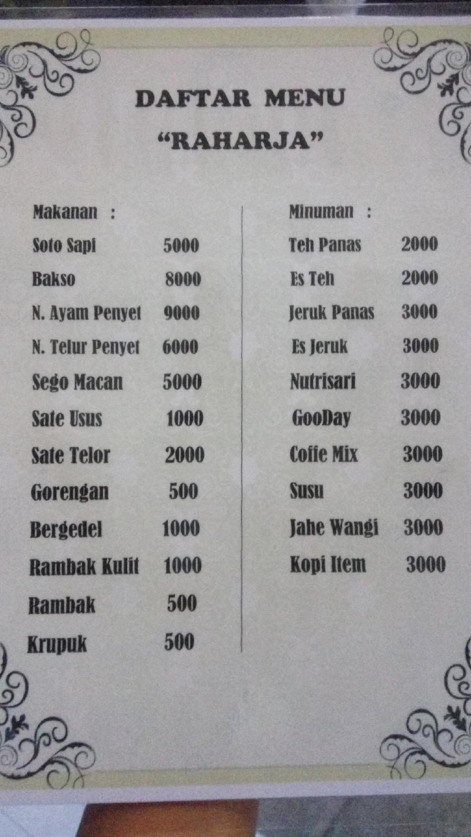 Menu at Soto Sapi & Ayam "RAHARJA" restaurant, Klaten