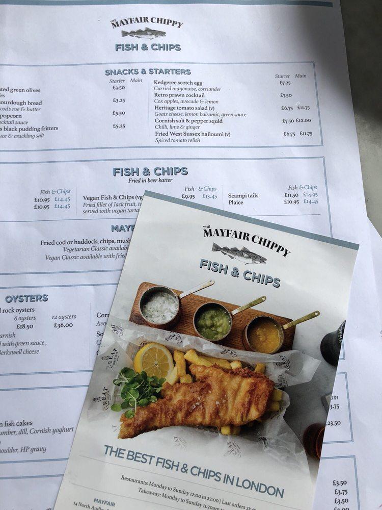 Menu at The Mayfair Chippy restaurant, London, 14 N Audley St