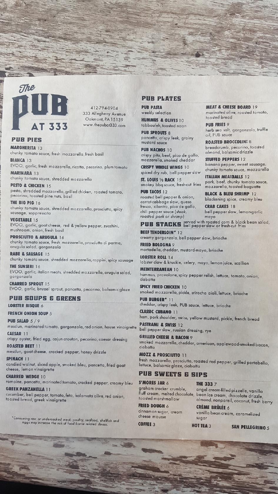 Menu at The Pub at 333, Oakmont