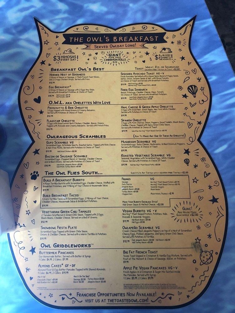 Menu at The Toasted Owl Cafe, Flagstaff