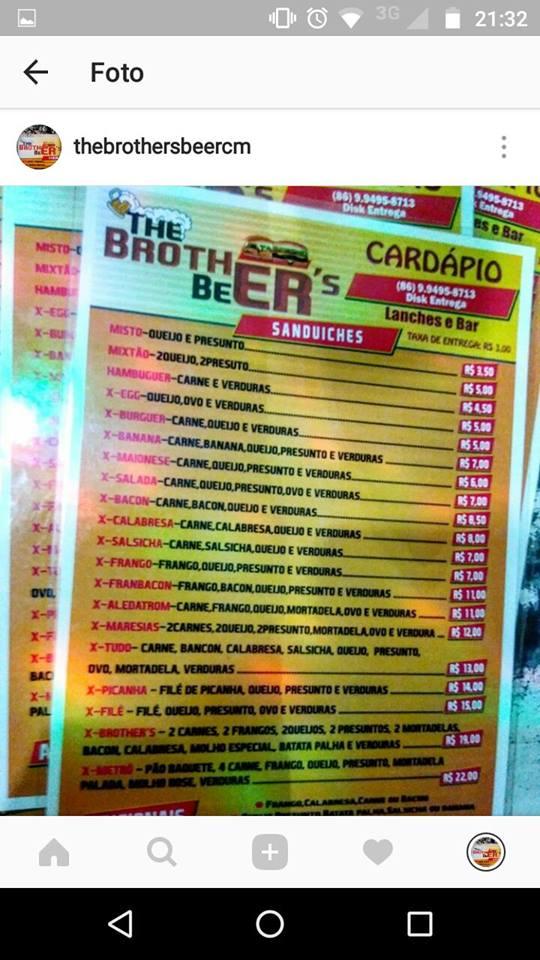 Menu at The brother's beer cafeteria, Campo Maior