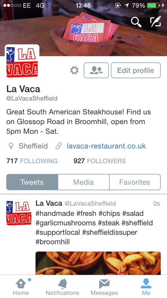 Menu at La Vaca steakhouse, Sheffield