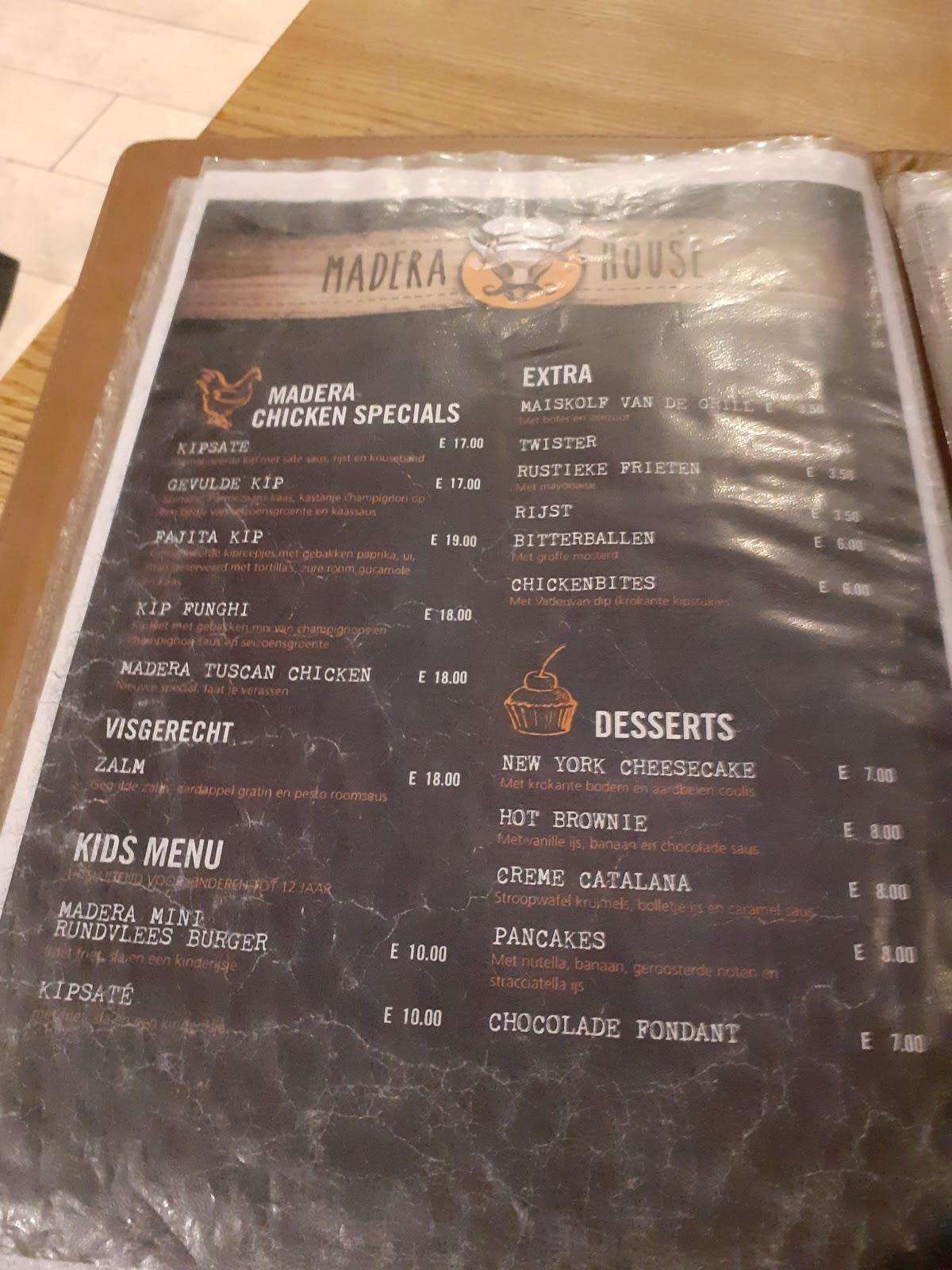 Menu at Madera House, Rotterdam