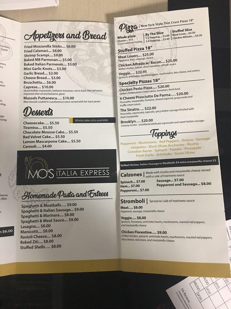 Menu at Mo's Italia Express restaurant, Cedar Hill