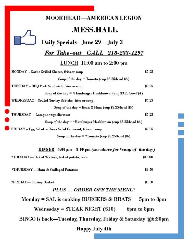 Menu at Post 21 American Legion restaurant, Moorhead