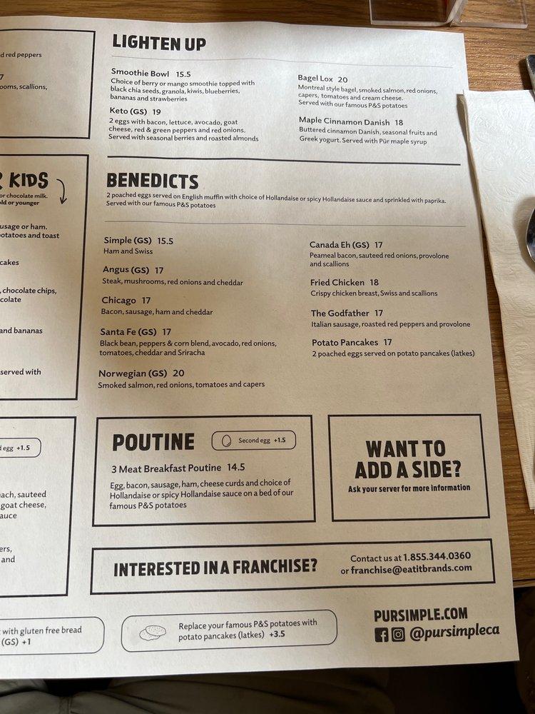 Menu at Pür & Simple restaurant, Moncton