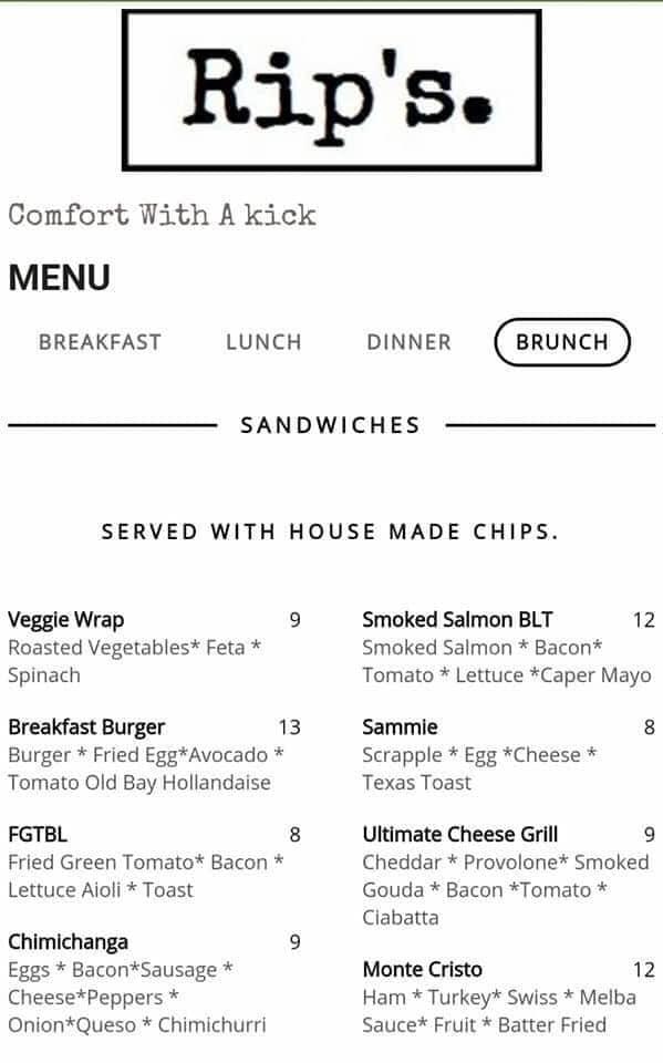 Menu at Rips Country Inn pub & bar, Bowie