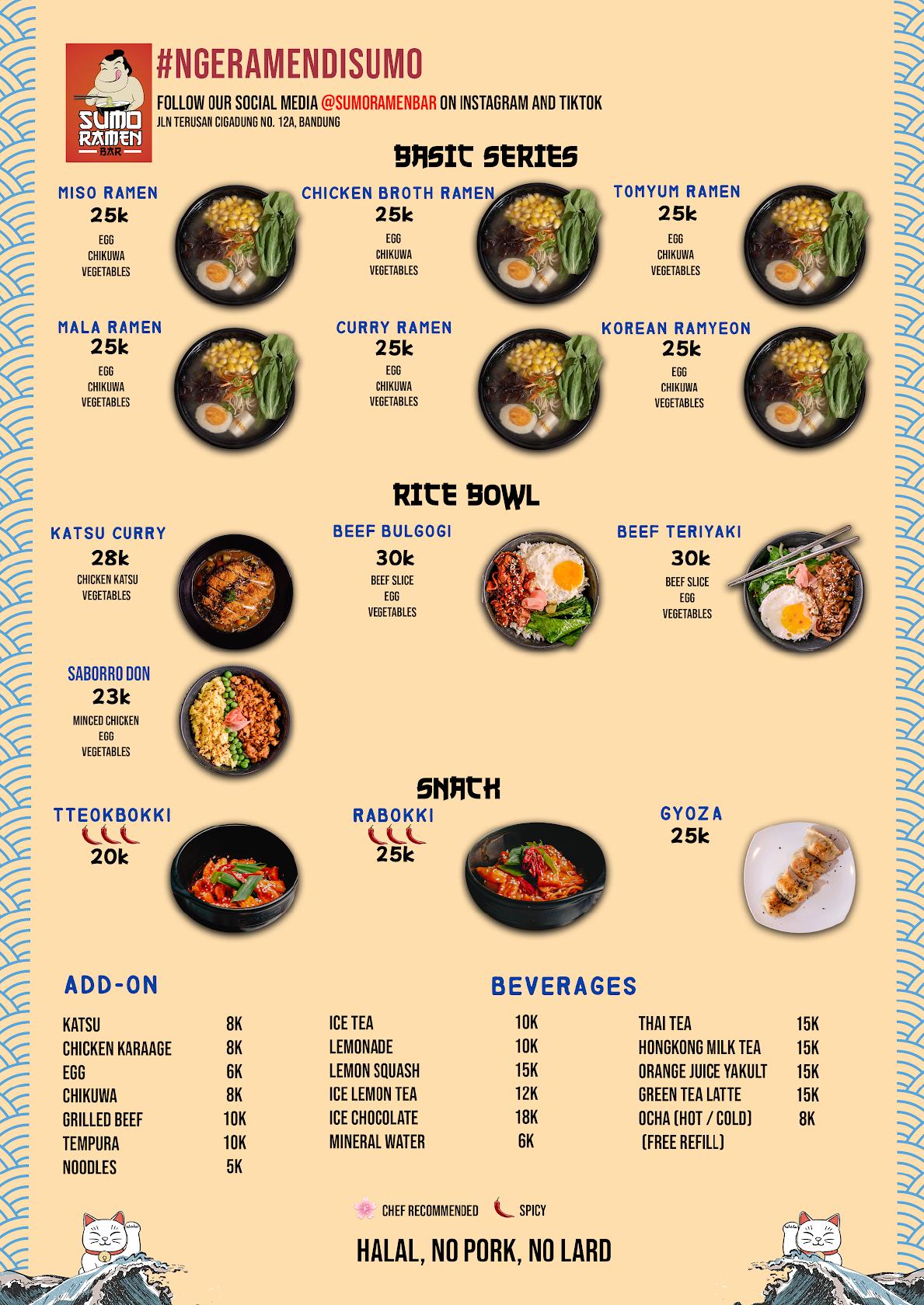 Menu at Sumo Ramen Bar, Bandung, Jl. Terusan Cigadung No.12A