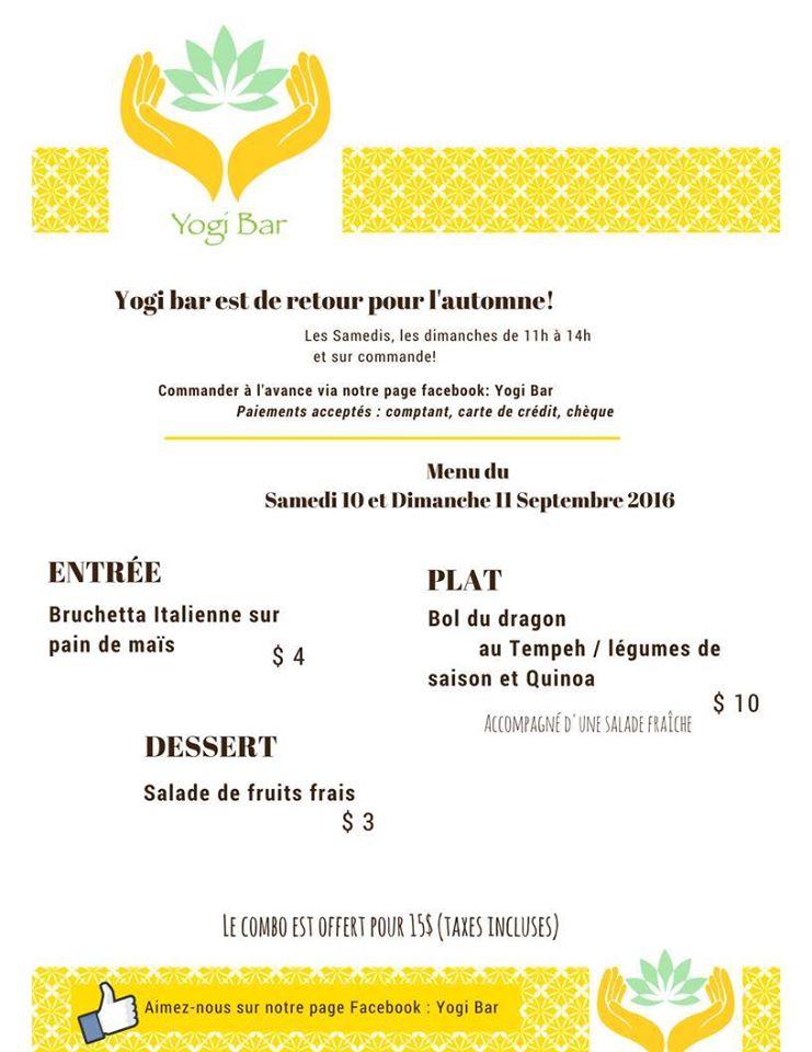 Menu at Yogi Bar, Montreal